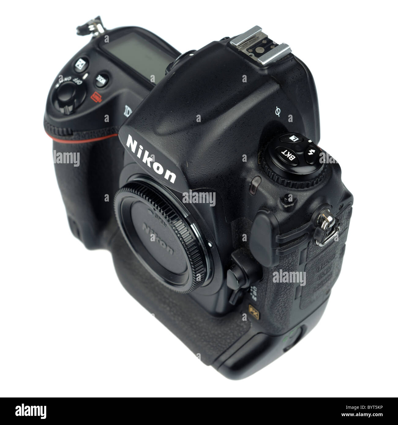 High angle view of a Nikon D3 digital camera cutout on white background ...