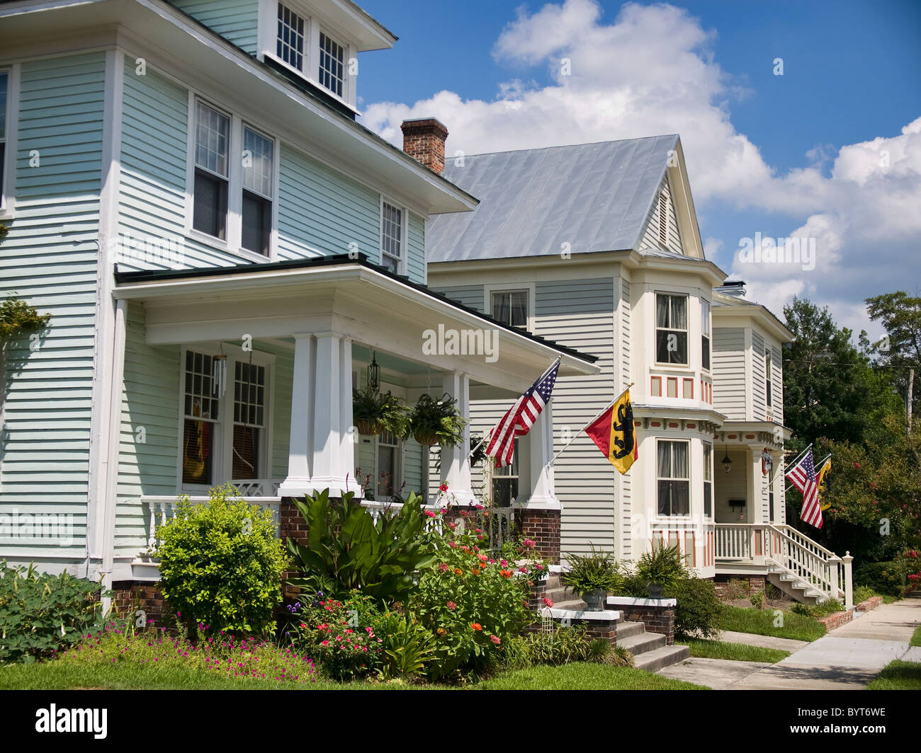 Residential street in New Bern North Carolina, they are flying the ...