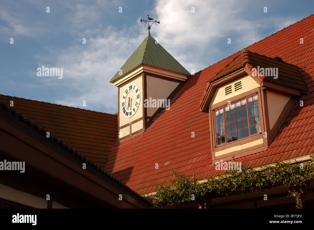 Tile roof and clock tower, Solvang, California Stock Photo - Alamy