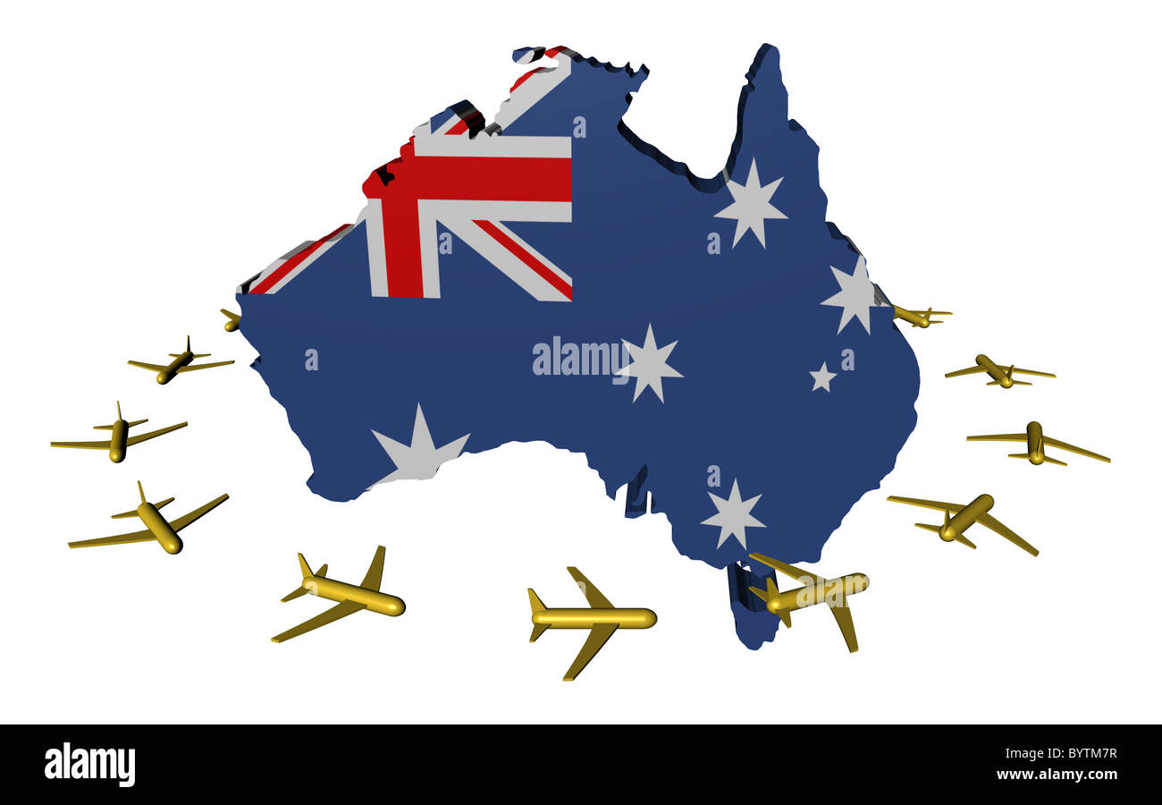Abstract planes flying around Australia map flag illustration Stock ...