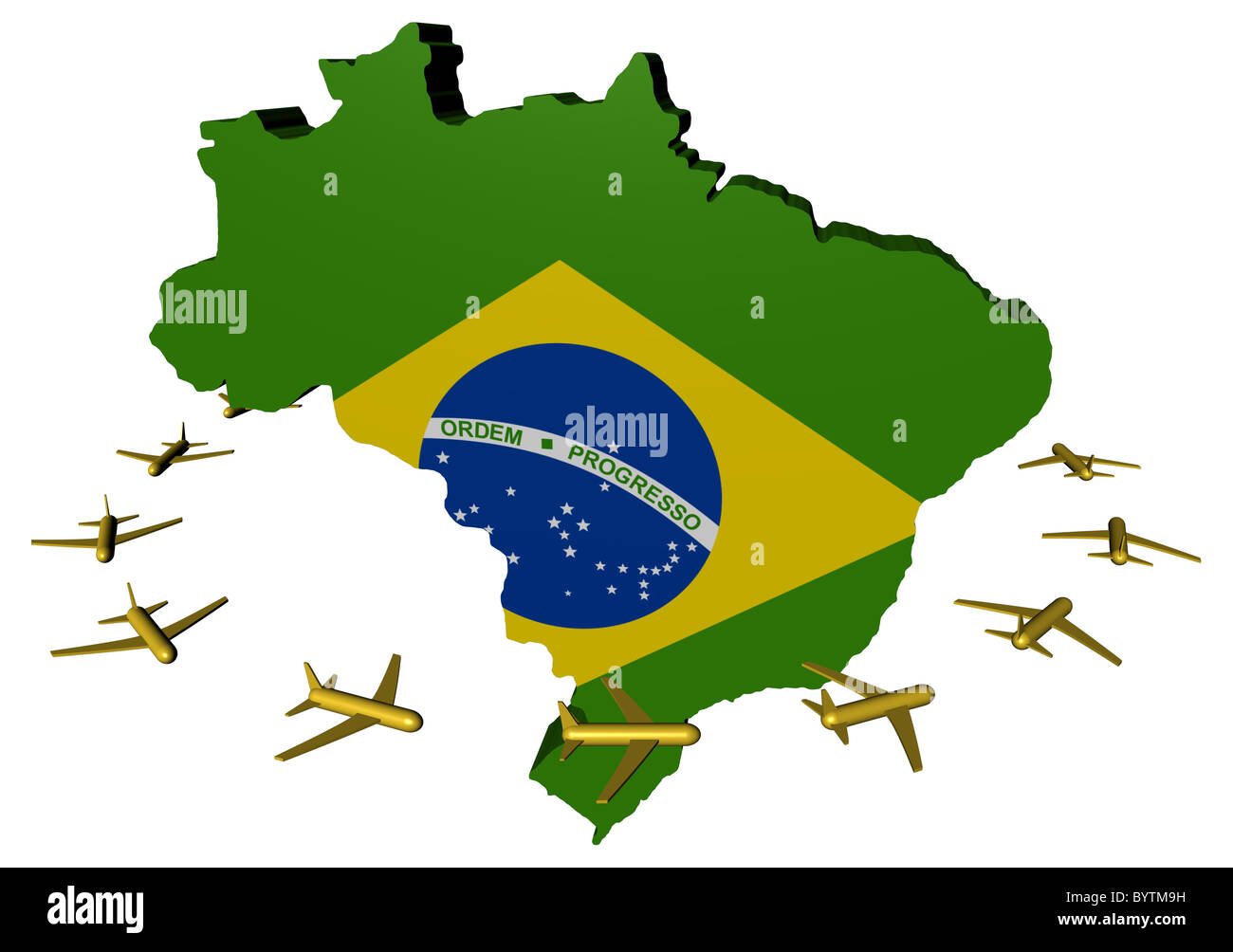 Abstract planes flying around Brazil map flag illustration Stock Photo ...