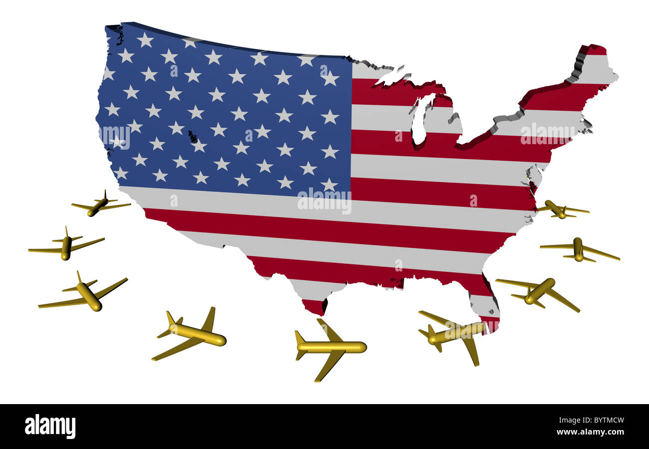 Abstract planes flying around USA map flag illustration Stock Photo - Alamy