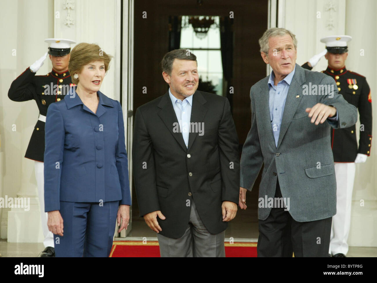 US President George W Bush and Laura Bush greeted King Abdullah II of ...