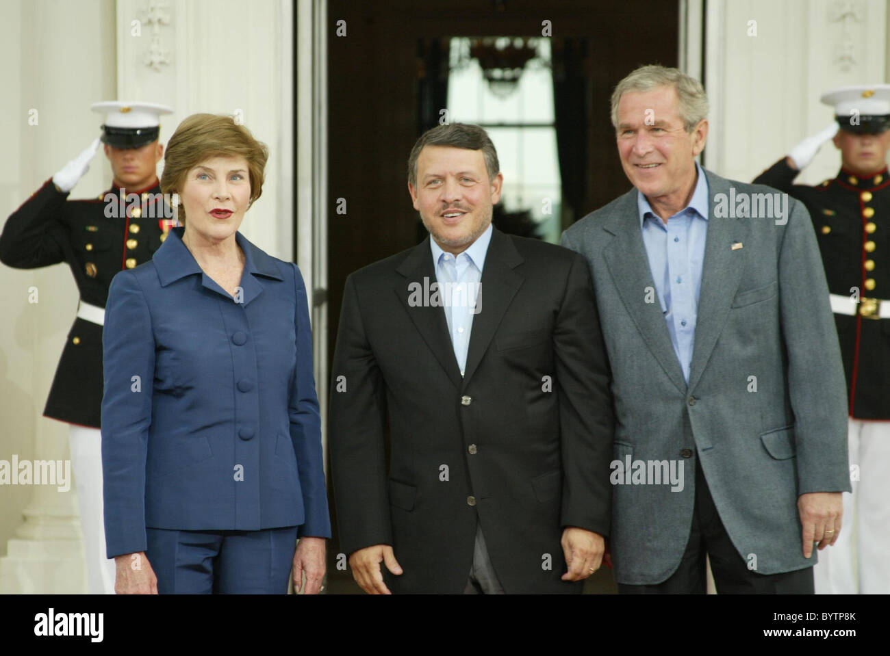 US President George W Bush and Laura Bush greeted King Abdullah II of ...