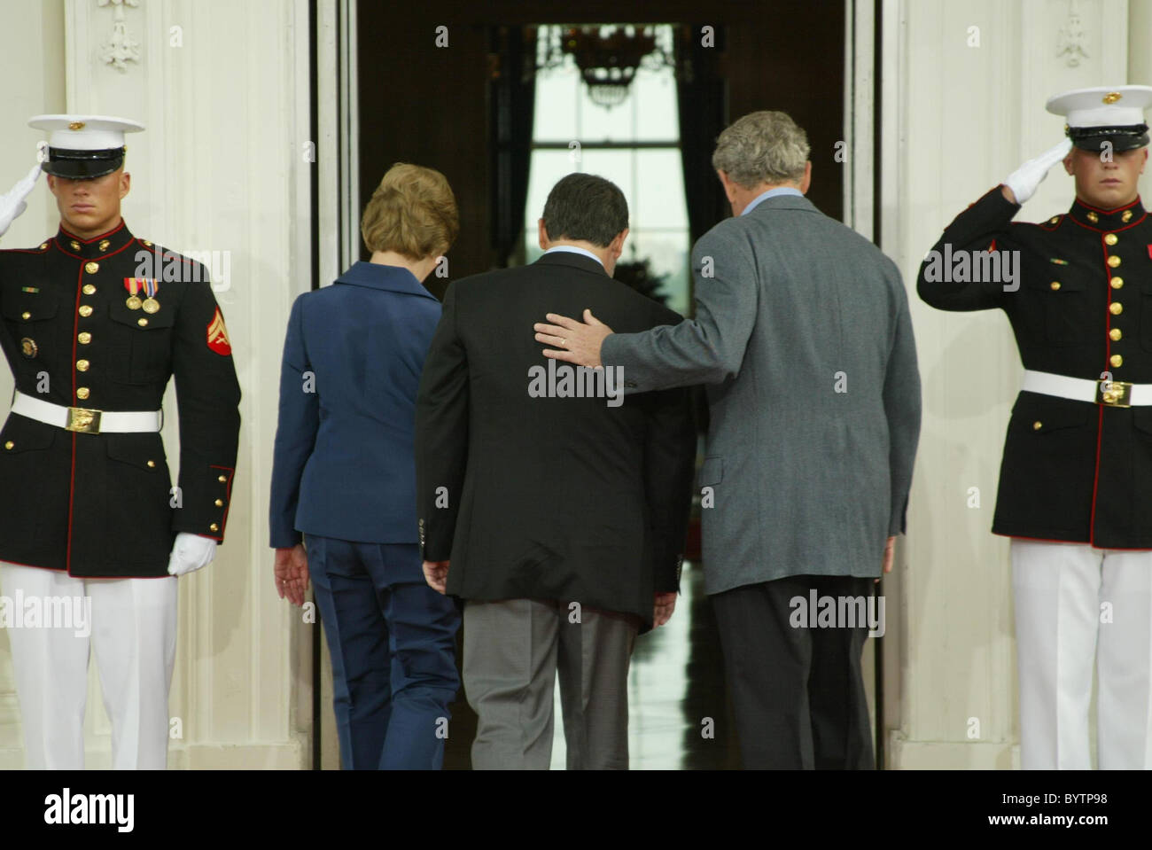 US President George W Bush and Laura Bush greeted King Abdullah II of ...