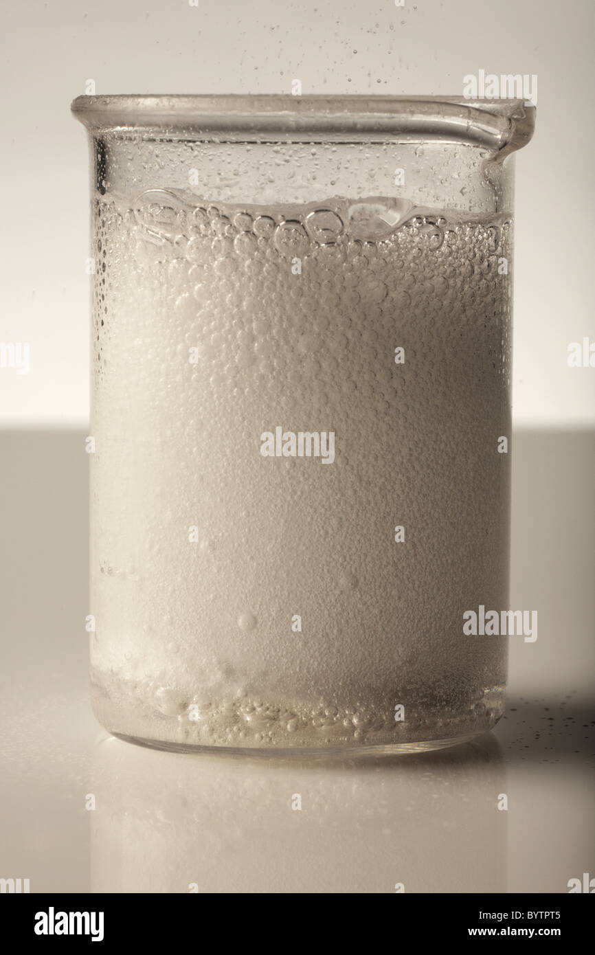 effervescent table dropped in a laboratory beaker full with water ...