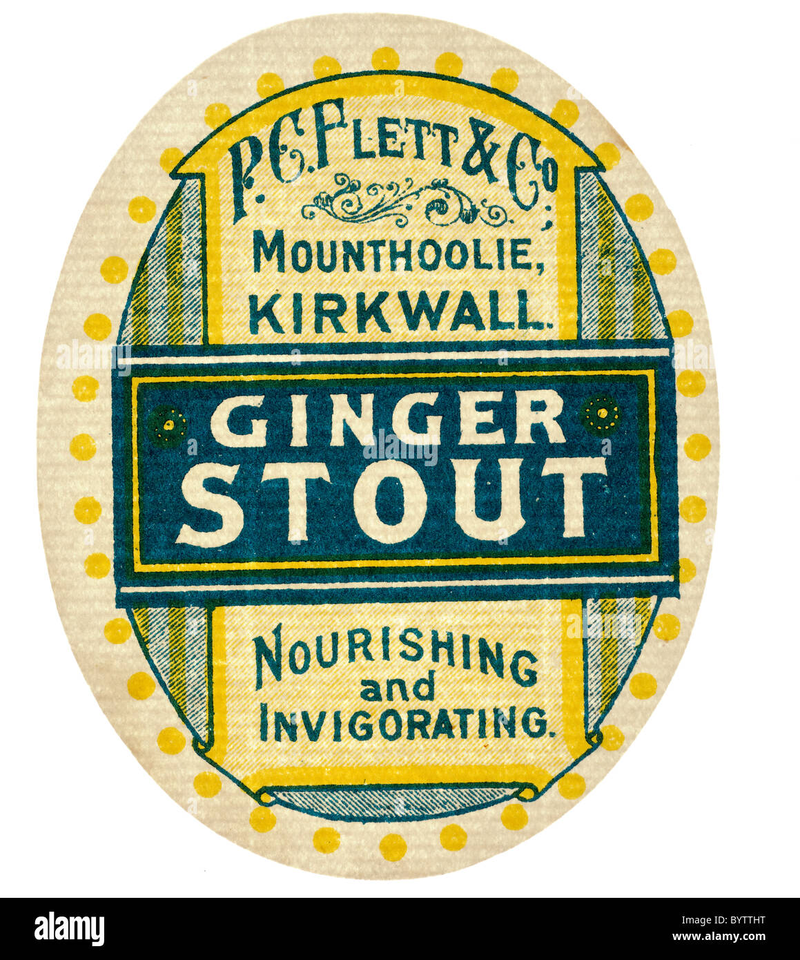 Old paper pop label for Ginger Stout from P C Flett and Co Mounthoolie ...