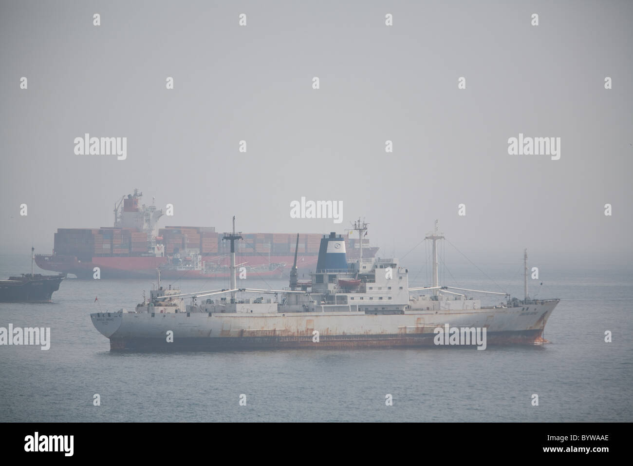 Thick Sea fog off gibraltar Ships at anchor Stock Photo - Alamy
