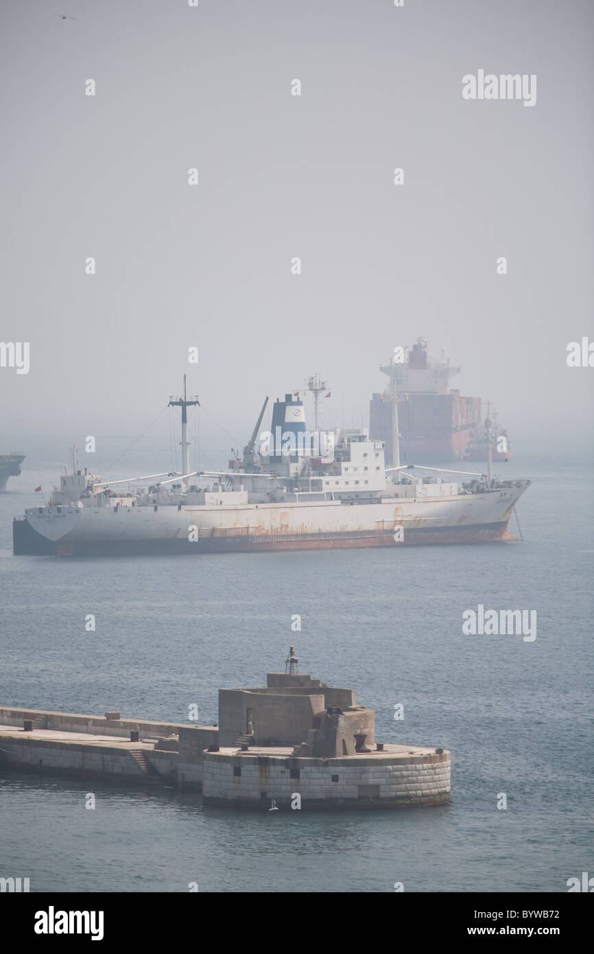 Thick Sea fog off gibraltar Ships at anchor Stock Photo - Alamy