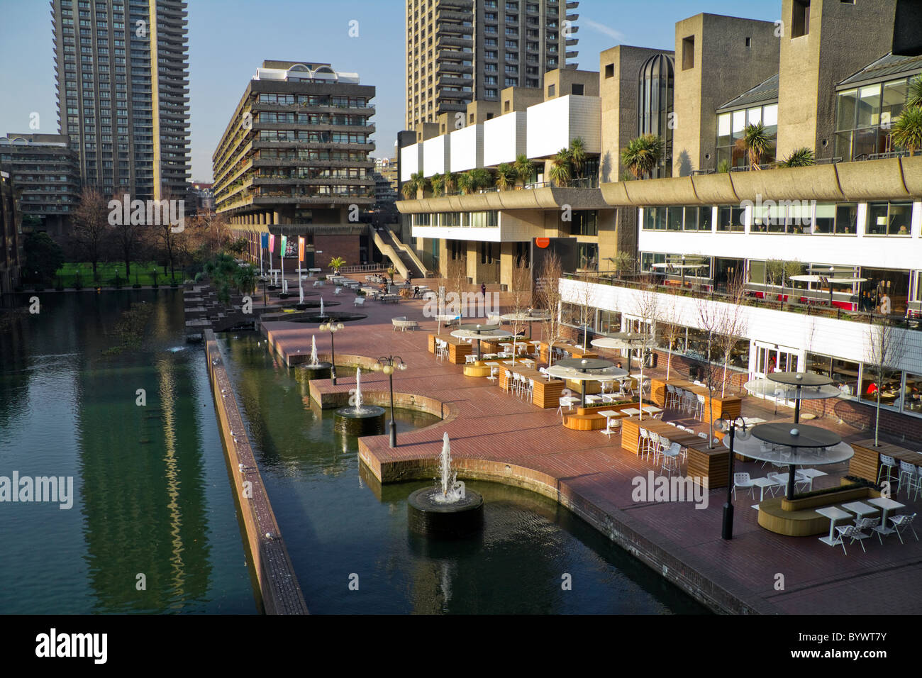 Lakeside terrace Barbican Centre complex City of London England Stock ...