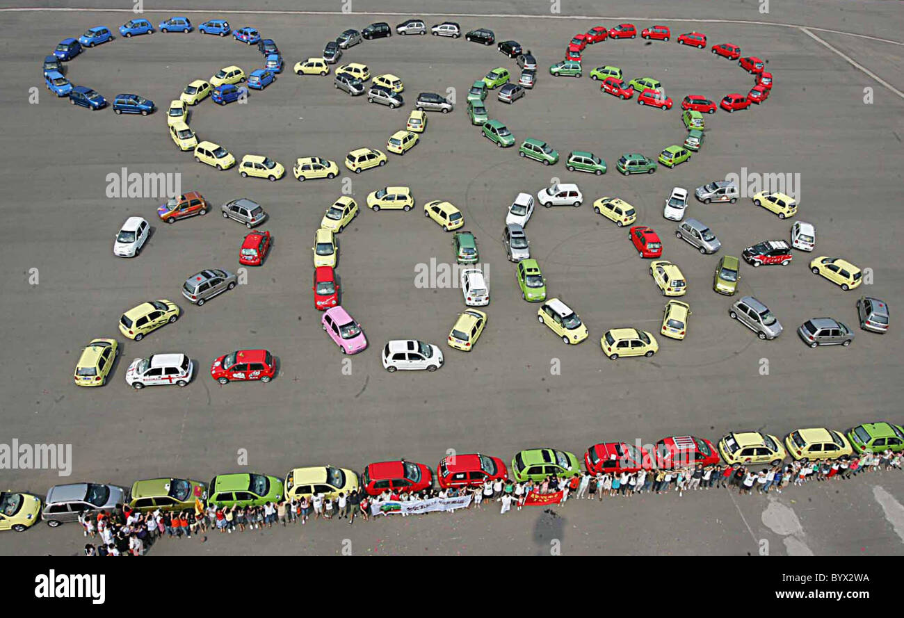 107 QQ Cars Placed As Olympic Five Rings & 2008 Stock Photo - Alamy