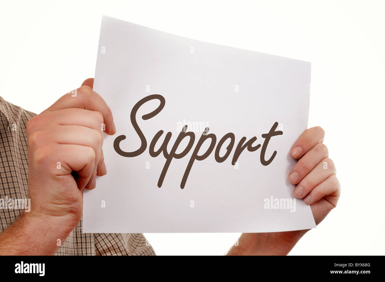 Man is holding a piece of white paper, "Support" printed on the paper ...