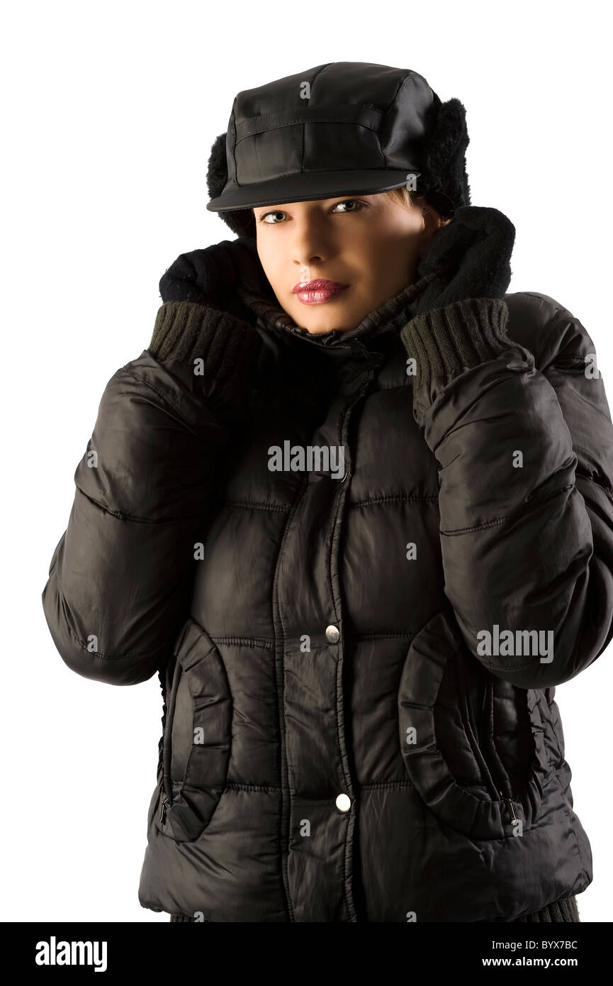 beautiful and young woman with black windbreaker jacket and black ...