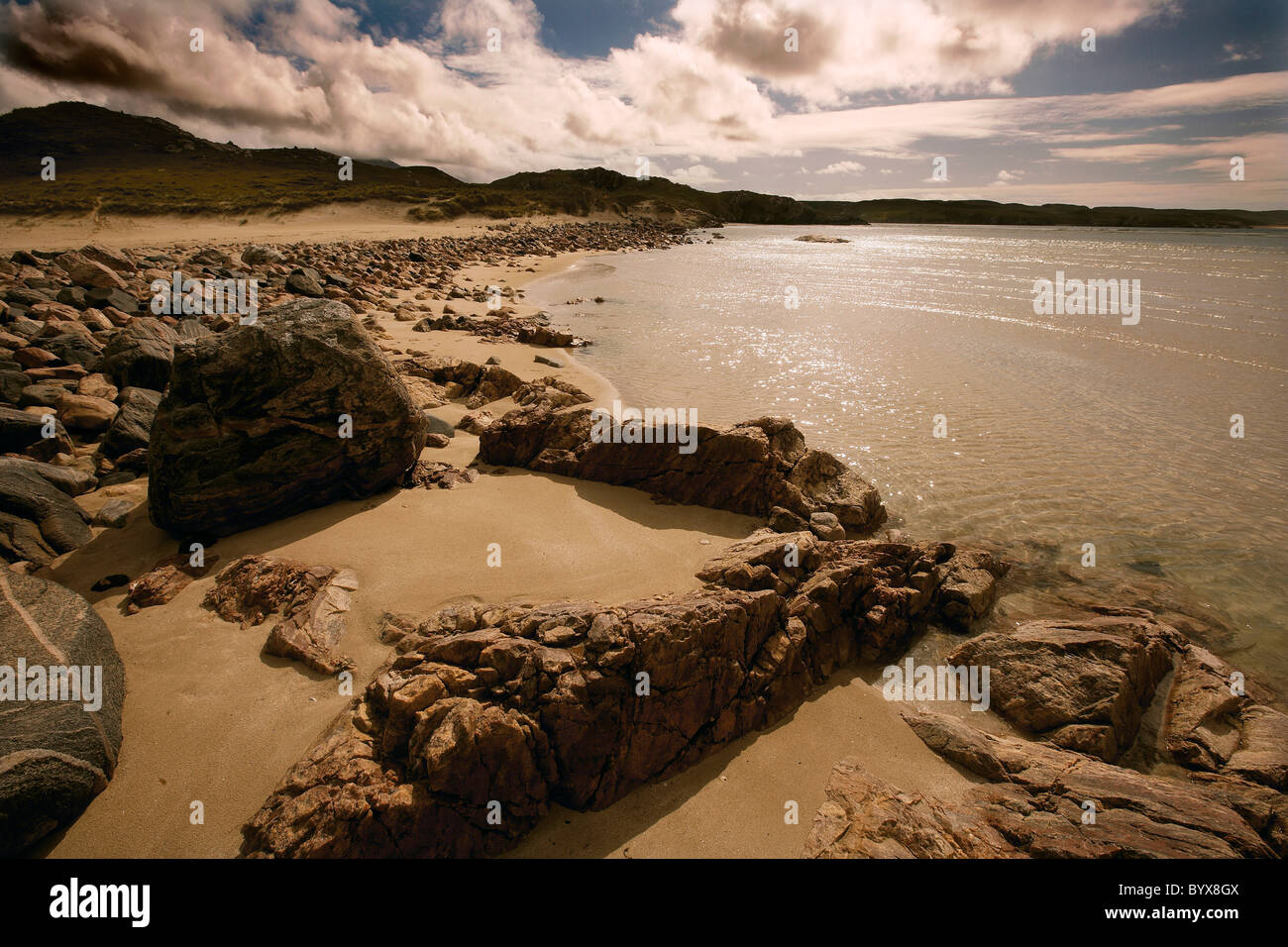 The rugged and rocky shore of Uig sands or traigh Uuige, Isle of Lewis ...