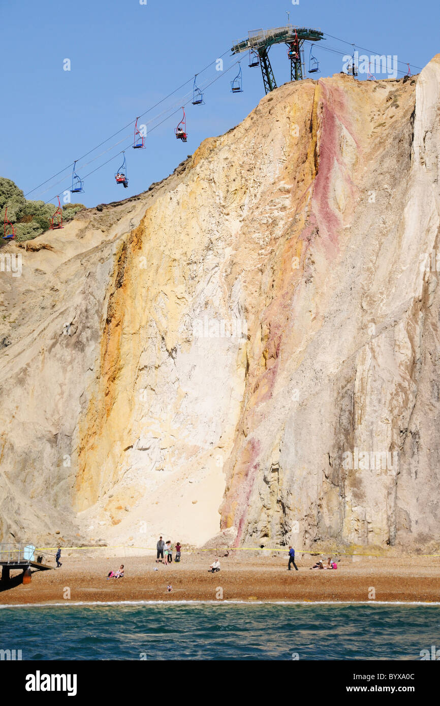 Cable cars taking people down over the multicoloured cliffs onto the ...
