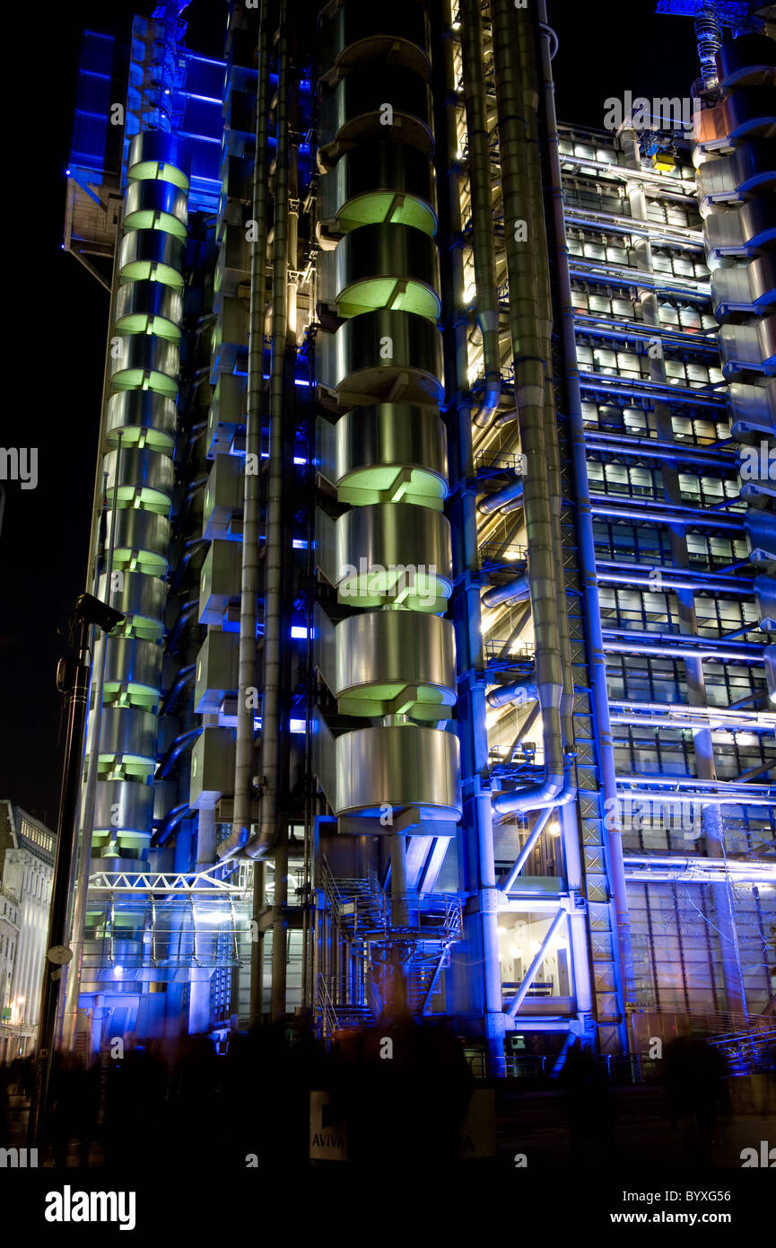 A section of the Lloyds building in the City of London, lit up at night ...