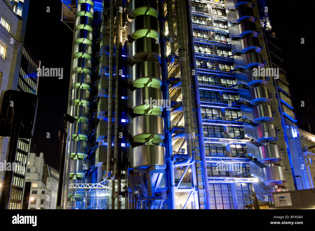 A section of the Lloyds building in the City of London, lit up at night ...