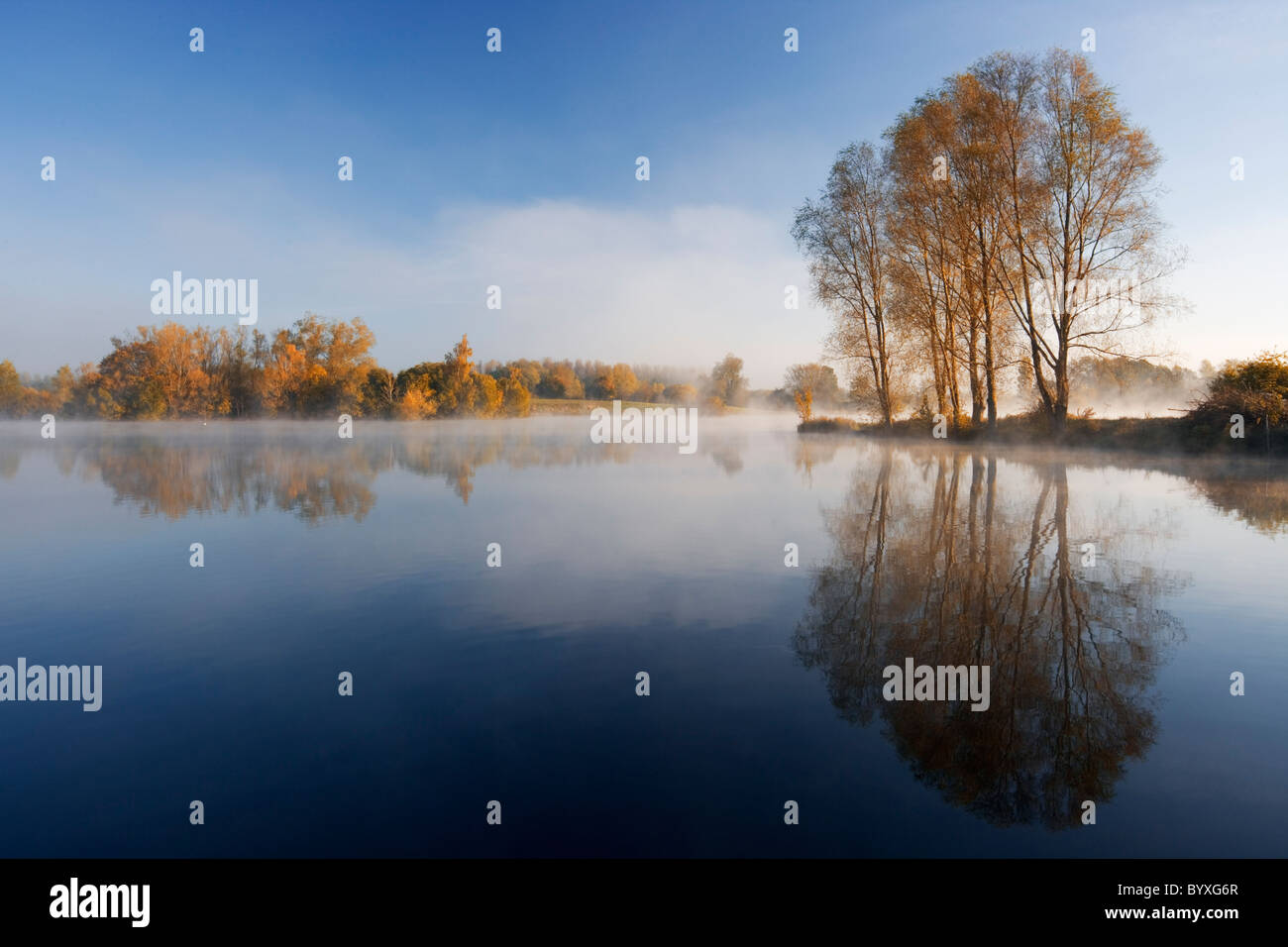 A misty autumnal dawn at Mallard Lake at Lower More Farm Nature Reserve ...
