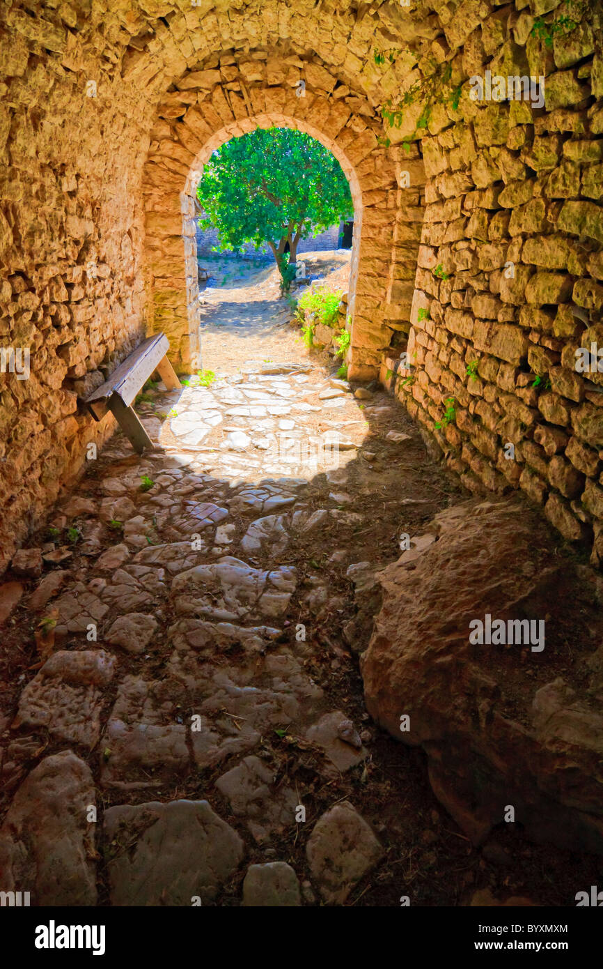 Stone hallway of old abandoned monastery in Greece Stock Photo - Alamy