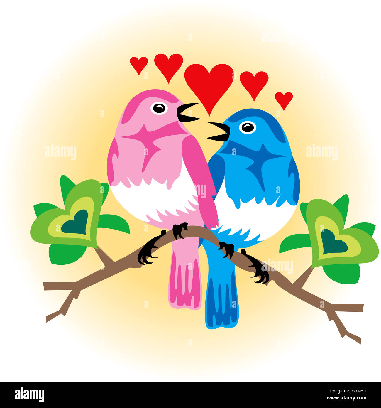 Vector Illustration of 2 love birds with hearts Stock Photo - Alamy