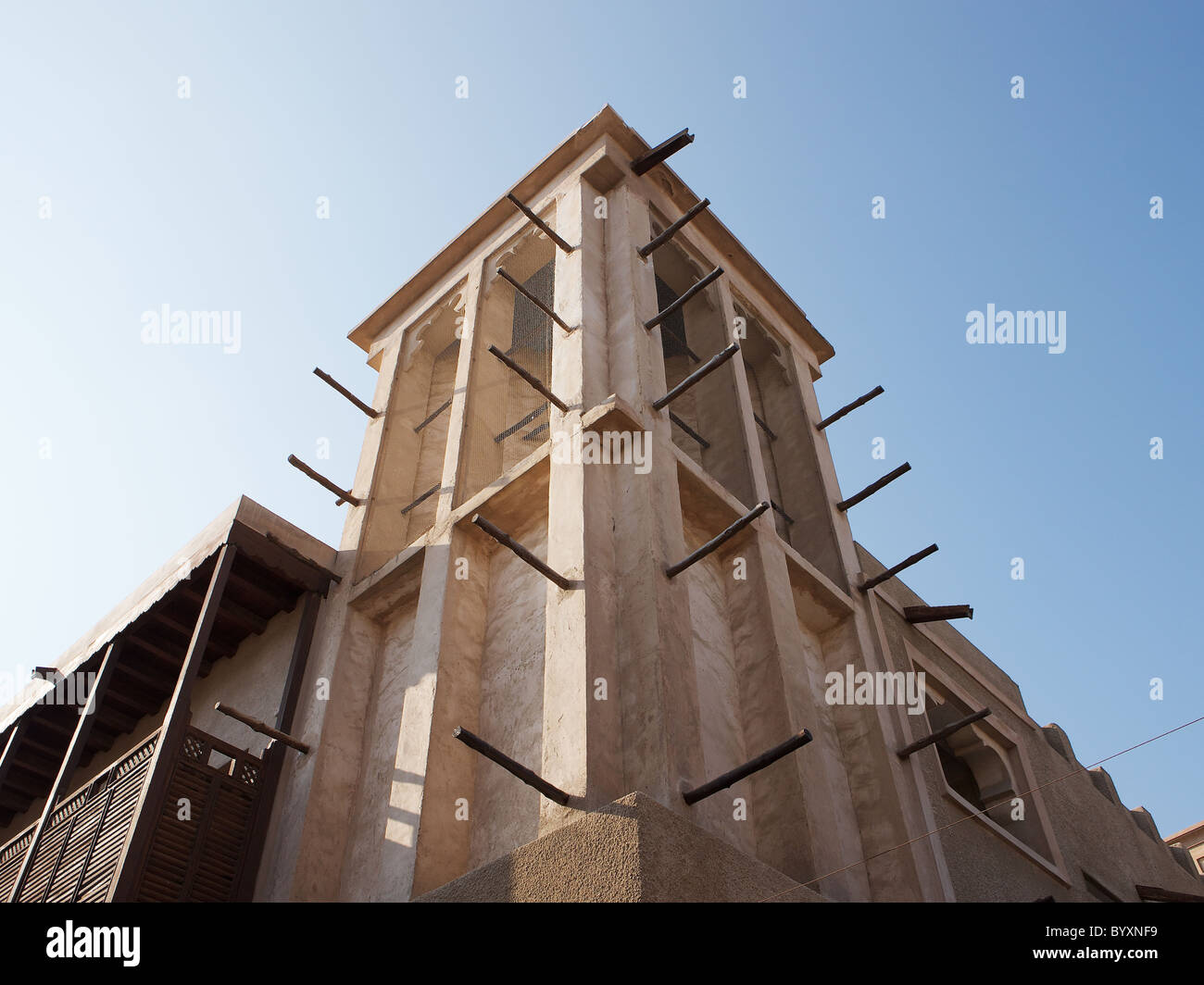 Wind tower in the Bastakiya region of Dubai, UAE. The oldest form of ...