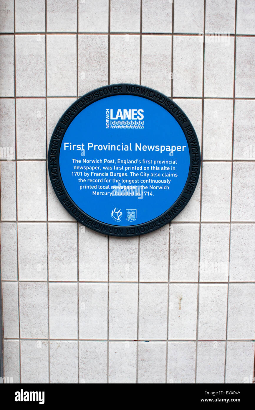 Blue Plague for the First Provincial Newspaper in Norwich, Norfolk ...