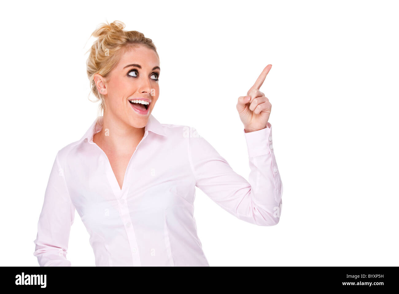 Attractive Young Woman Pointing at Something - Presentation, Logo, Sign ...