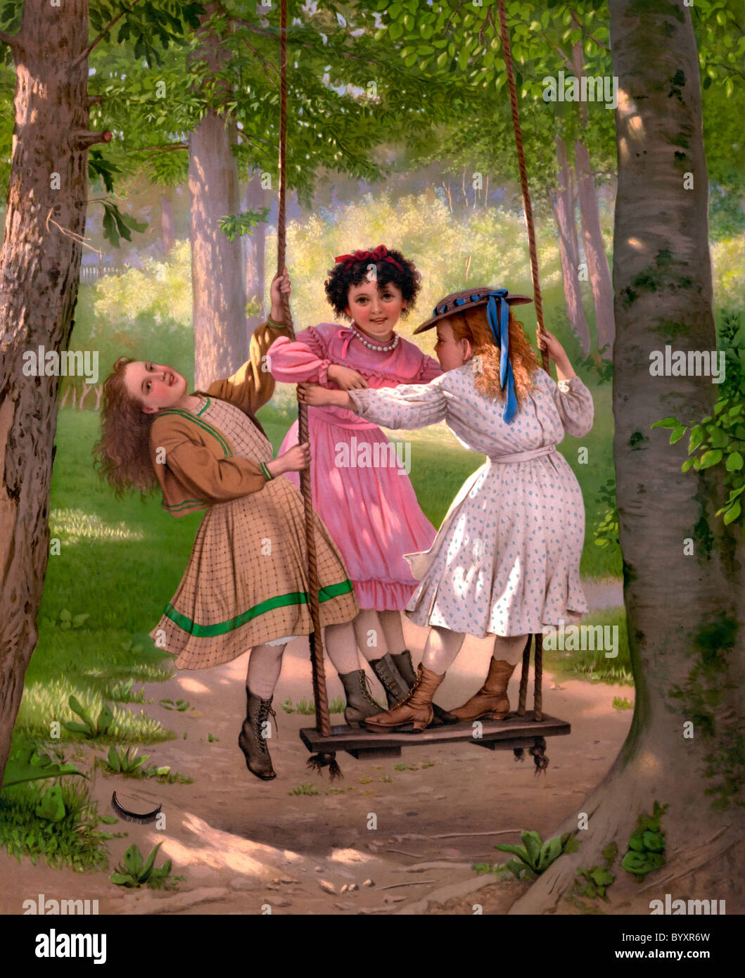 The three Tom boys - Three girls on a swing circa 1875 Stock Photo - Alamy