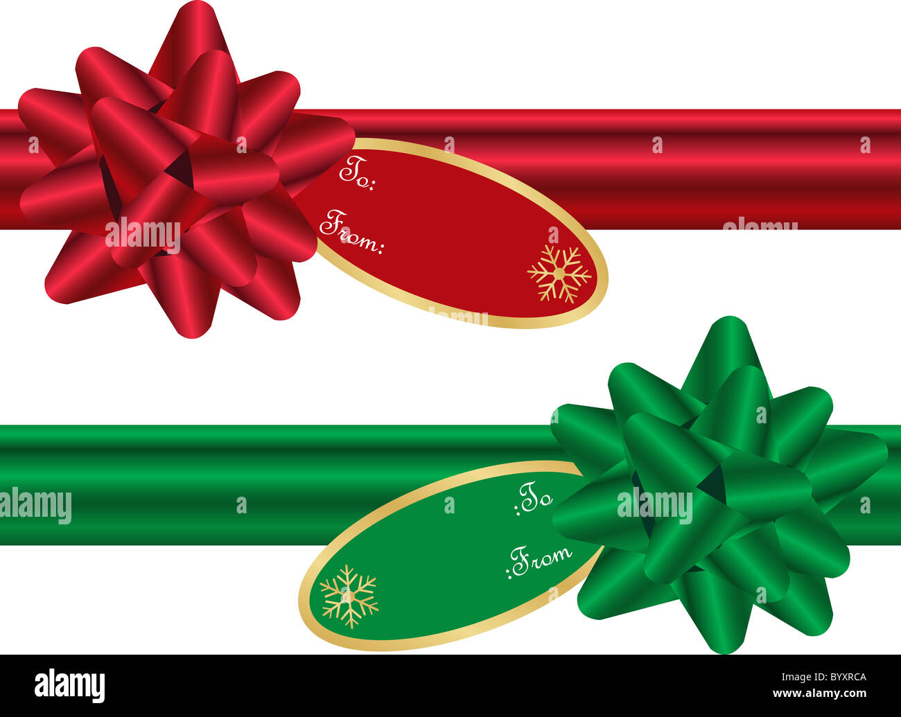 Set of Christmas Bows with Ribbon and matching Gift Tags Stock Photo ...