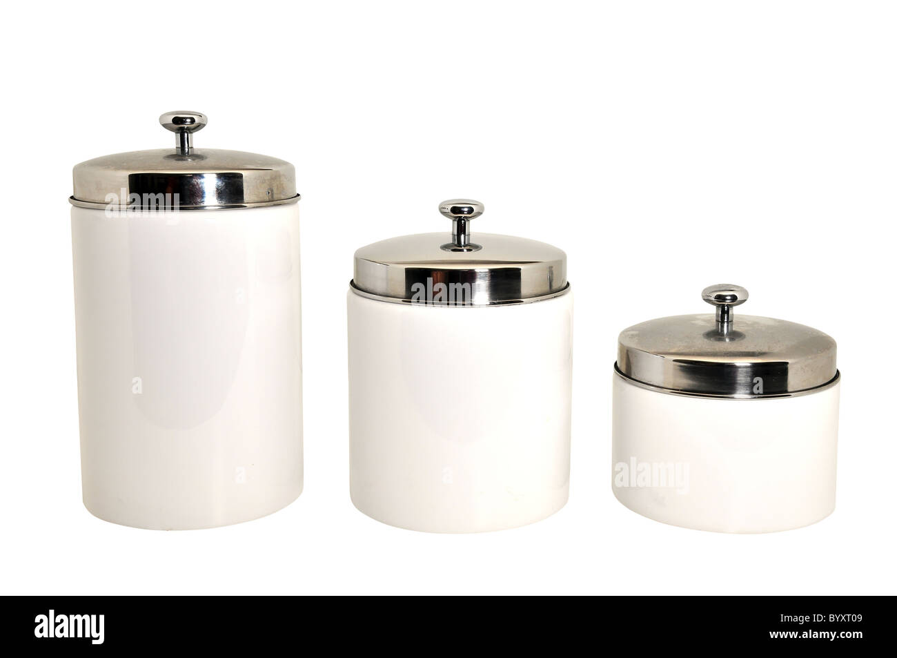 Three kitchen canisters isolated on white background with clipping path ...