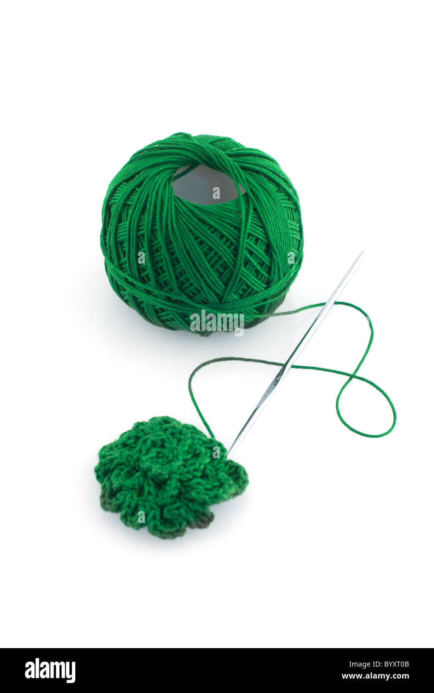 Green spool and needle on a white background Stock Photo - Alamy