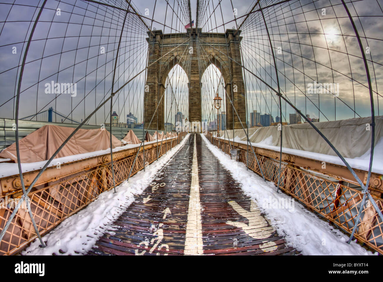 Fisheye View of Construction on the Brooklyn Bridge on a Snowy ...