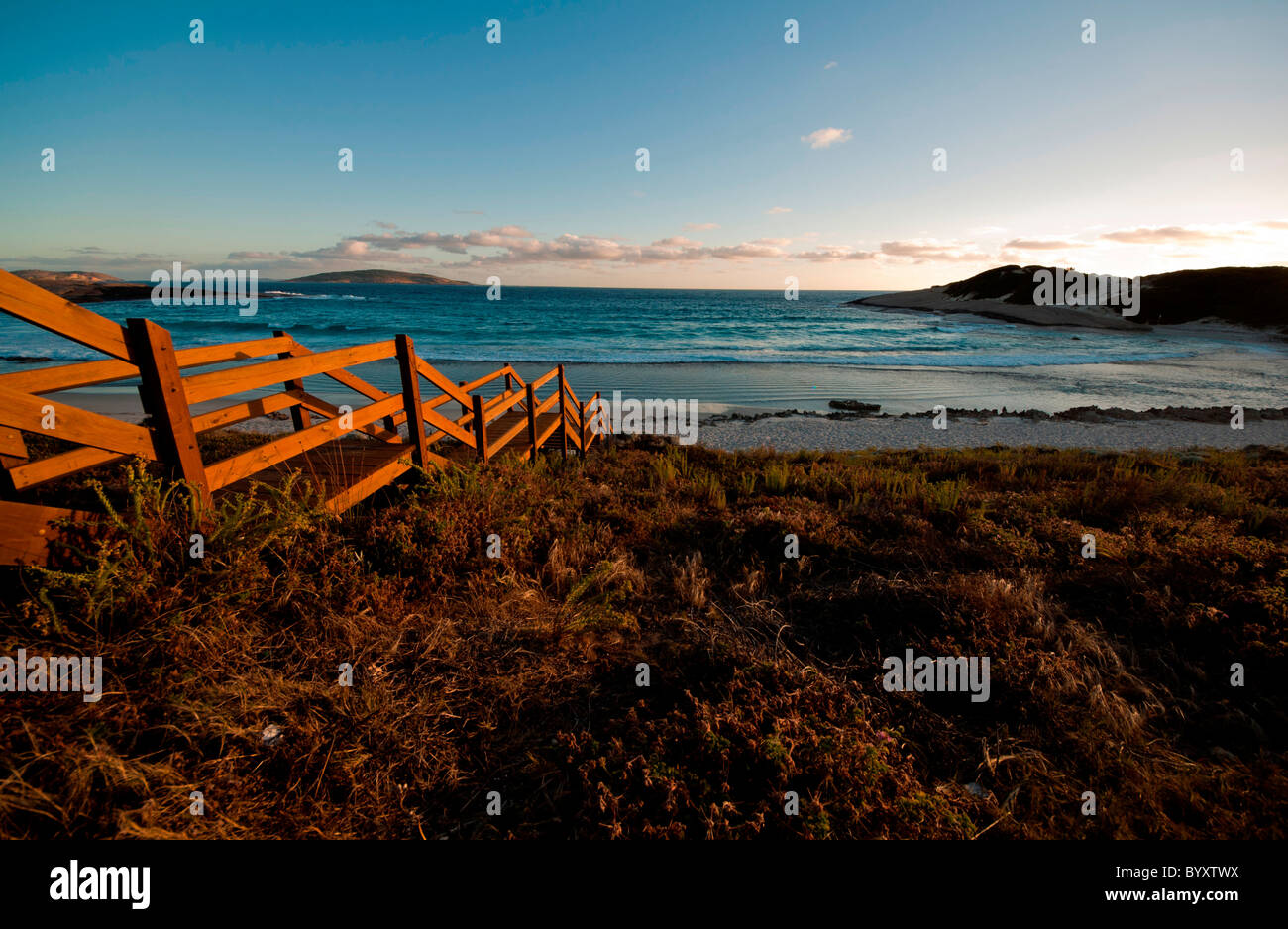 Beach sunset of wooden steps leading to Salmon Beach, Esperance Stock ...