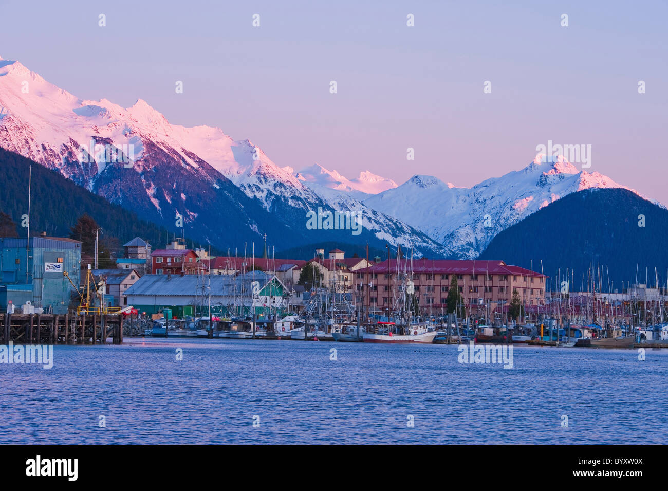 Channel, harbors and snow capped mountains in Sitka, Alaska during a ...