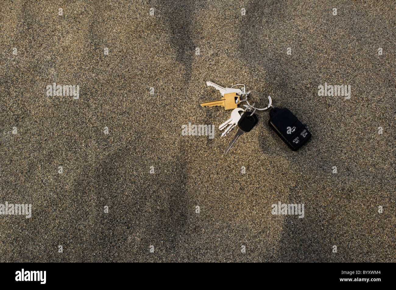 House and car keys on a ring with a remote FOB lost in the sand Stock ...