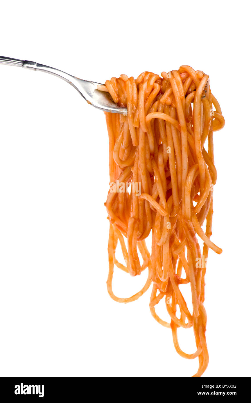 object on white - food spaghetti with ketchup on fork Stock Photo - Alamy