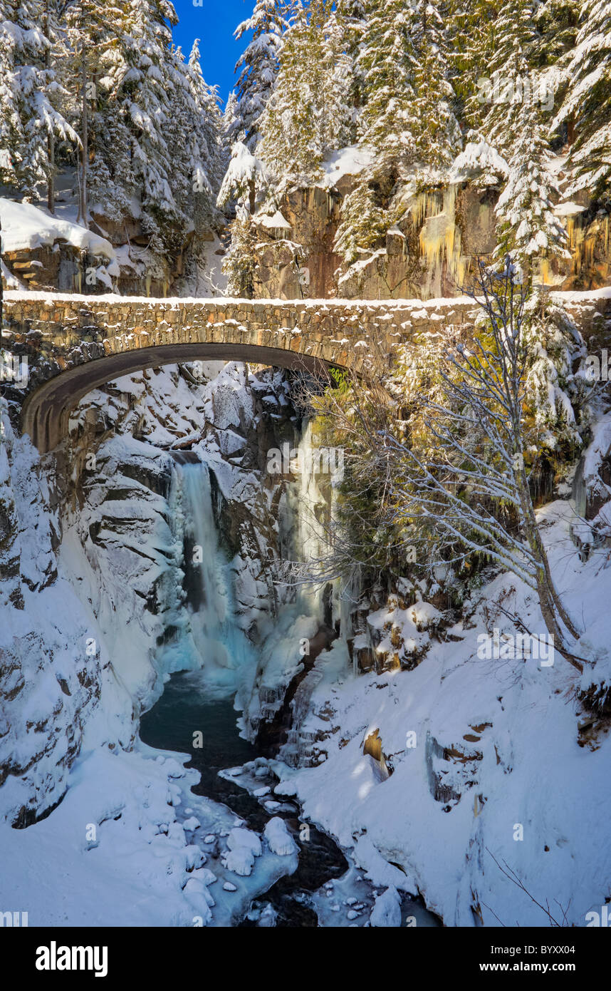 Bridge over Christine Falls in Mount Rainier National Park in winter ...