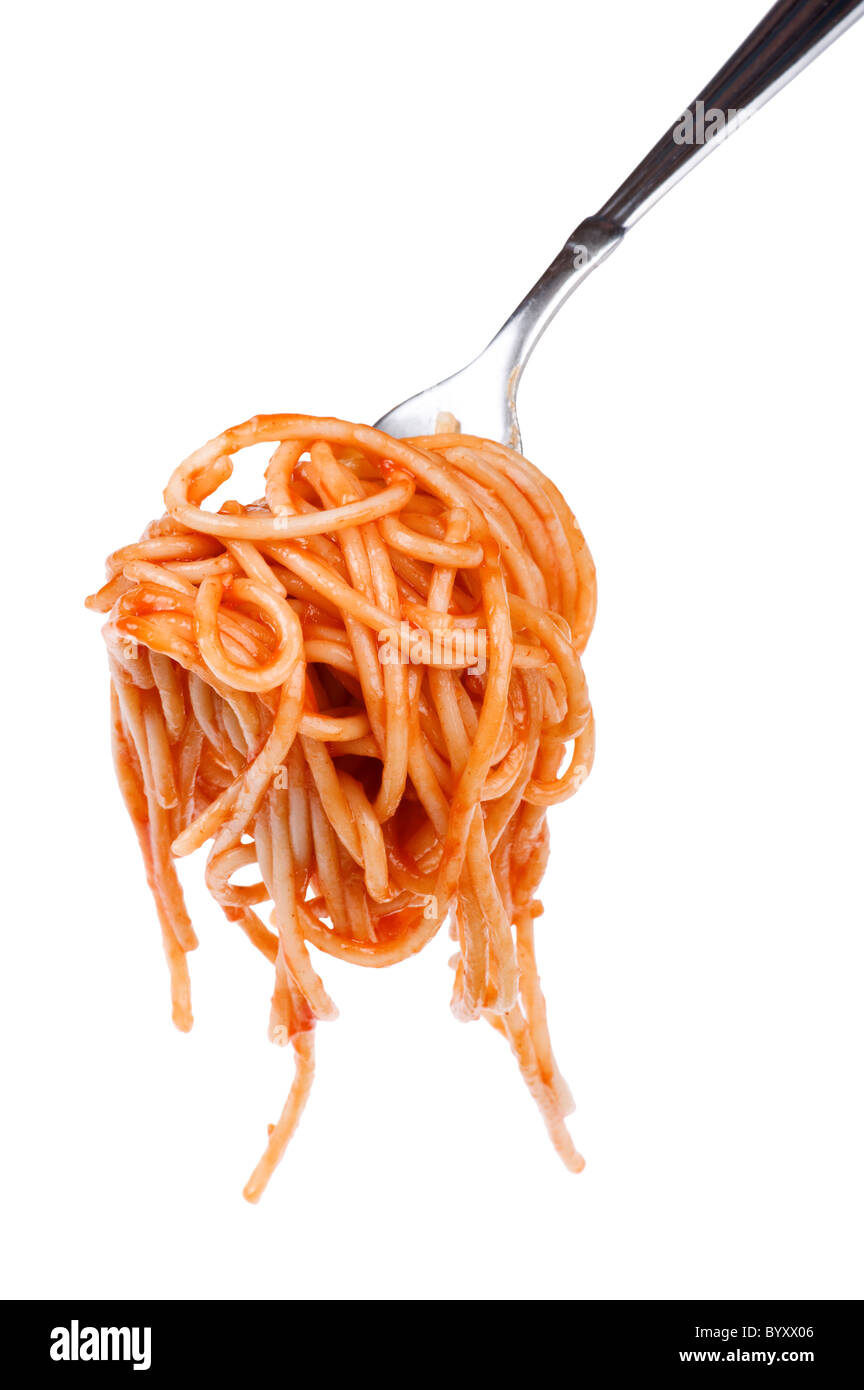 object on white - food spaghetti with ketchup on fork Stock Photo - Alamy