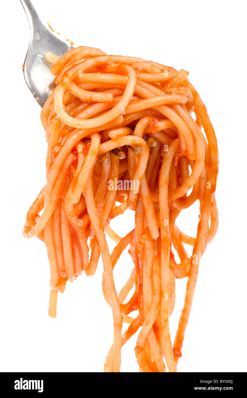 object on white - food spaghetti with ketchup on fork Stock Photo - Alamy