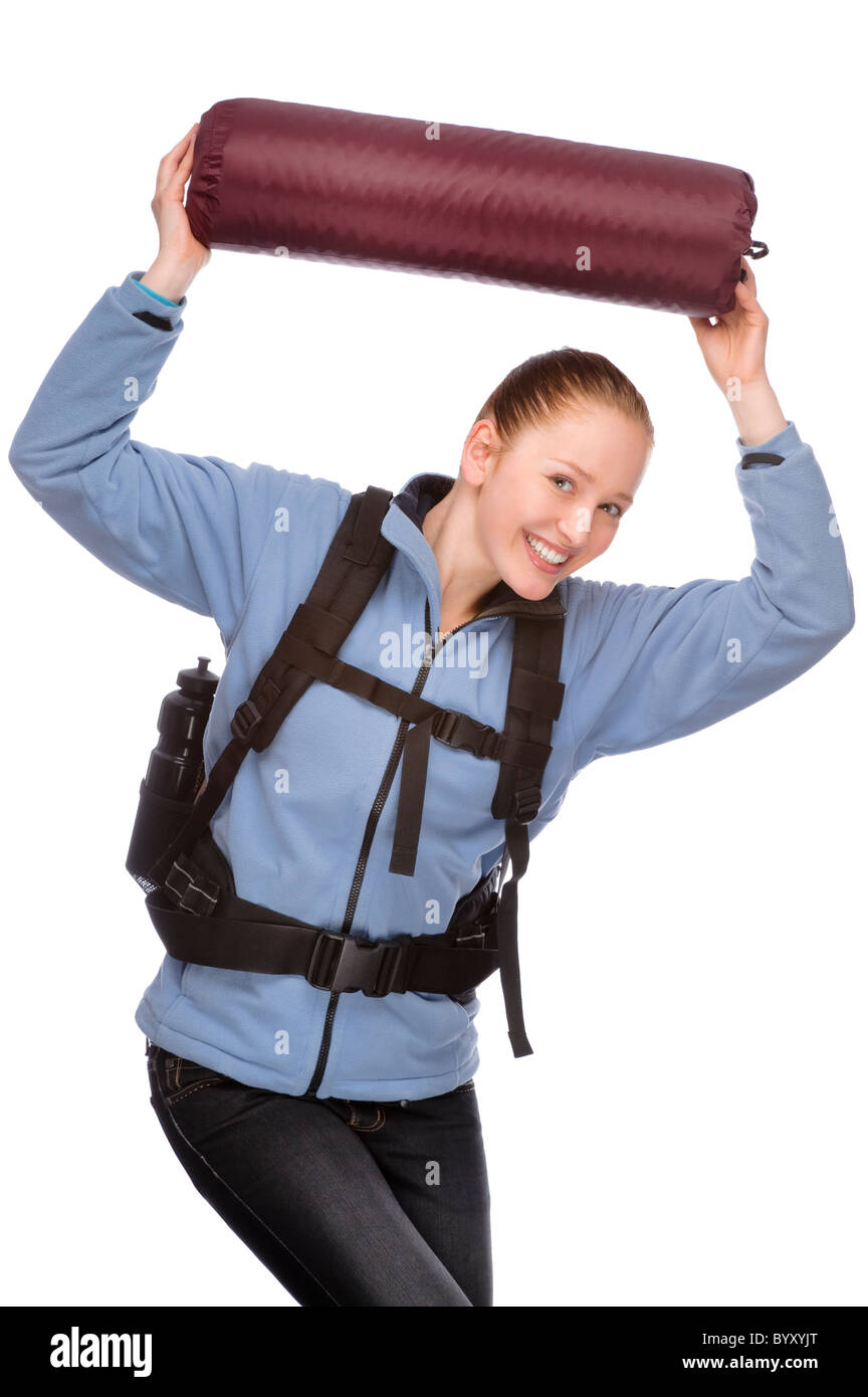 Full isolated studio picture from a young and happy backpacker Stock ...