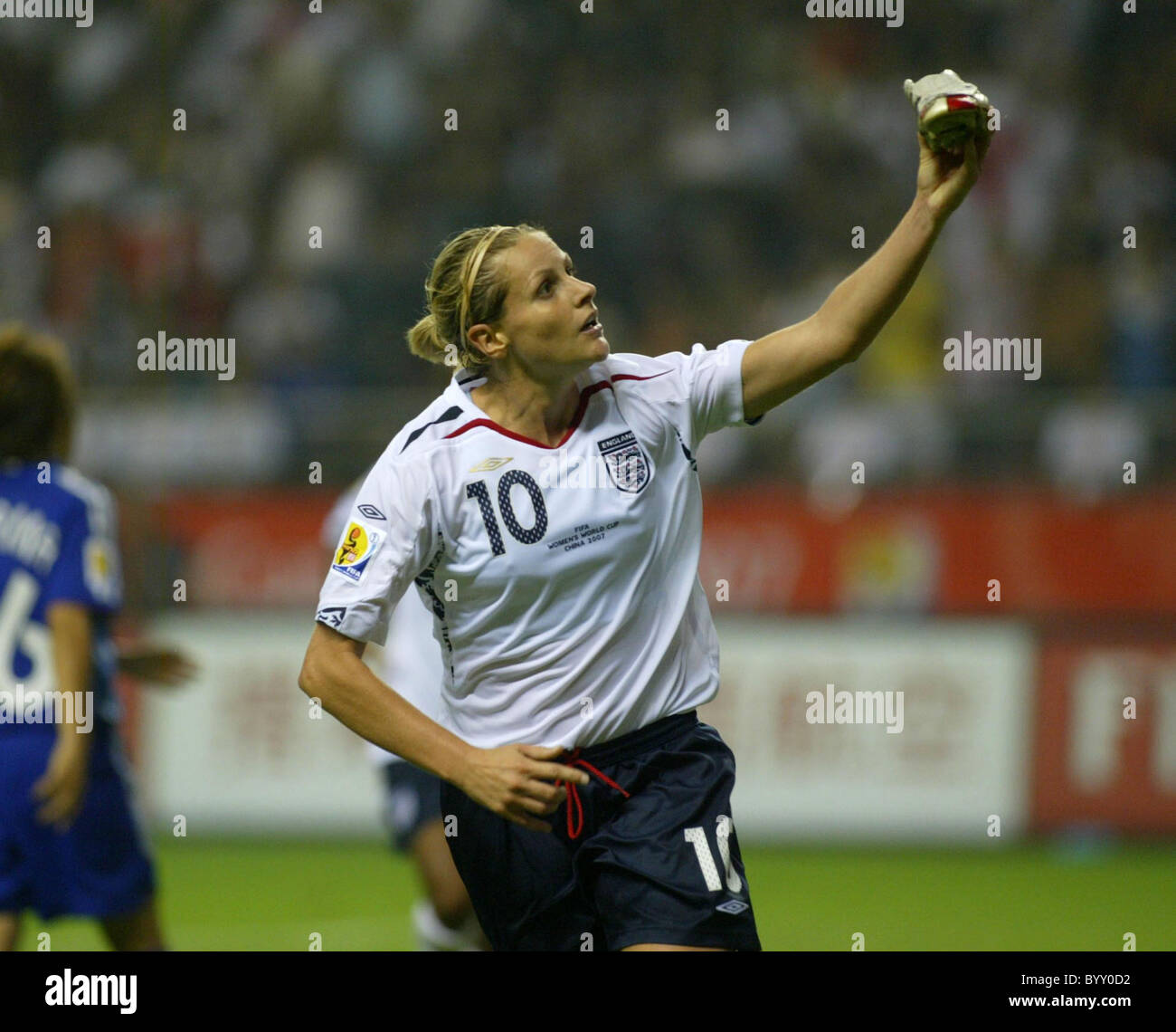 Kelly Smith of England celebrates after scoring the first of her two ...