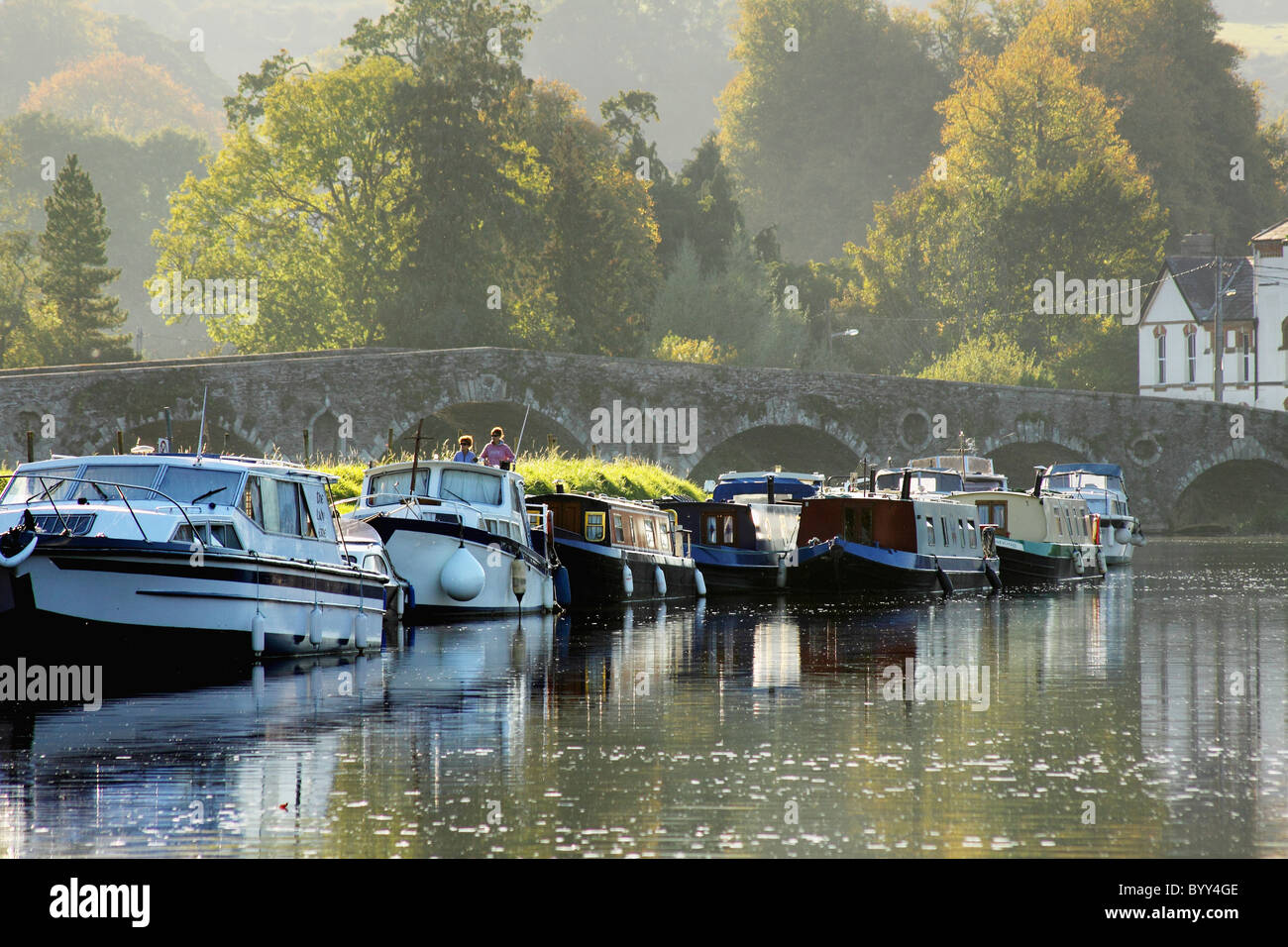 moored boats on the river barrow in leinster region; graiguenamanagh ...