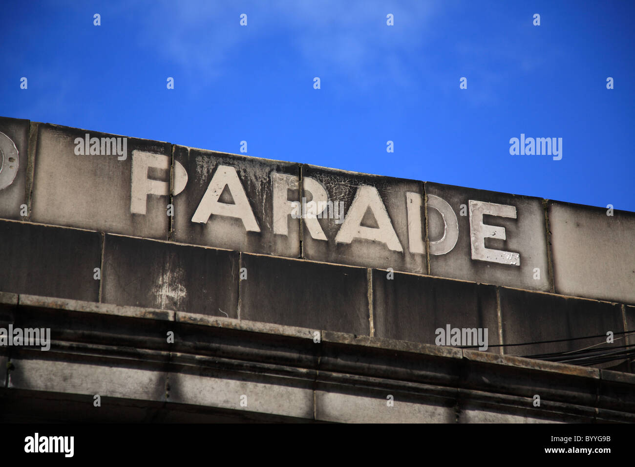 1930's architecture displaying the word Parade Stock Photo - Alamy