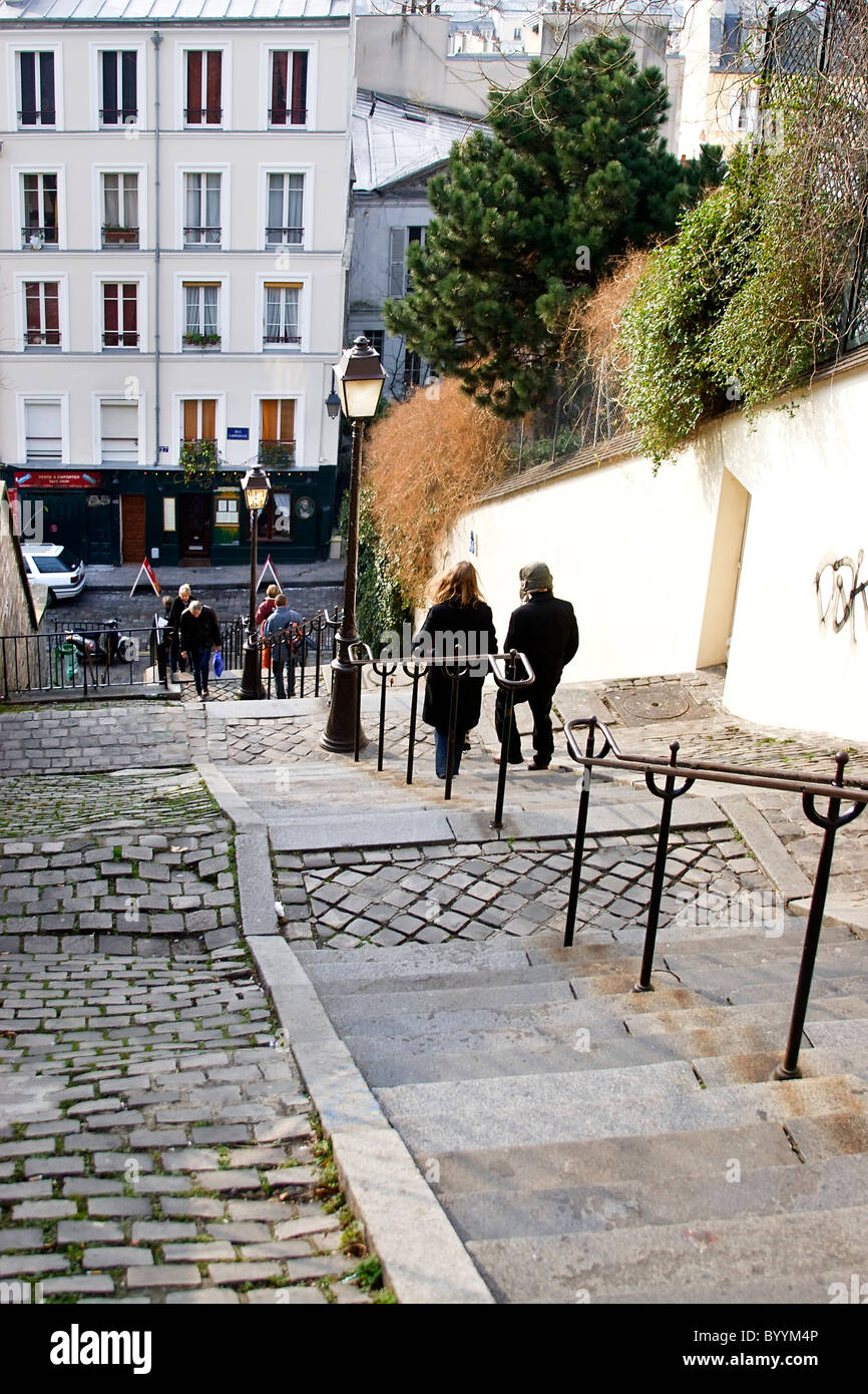 Steps leading down from "Sacre Coeur" to the "Montmartre District" of ...