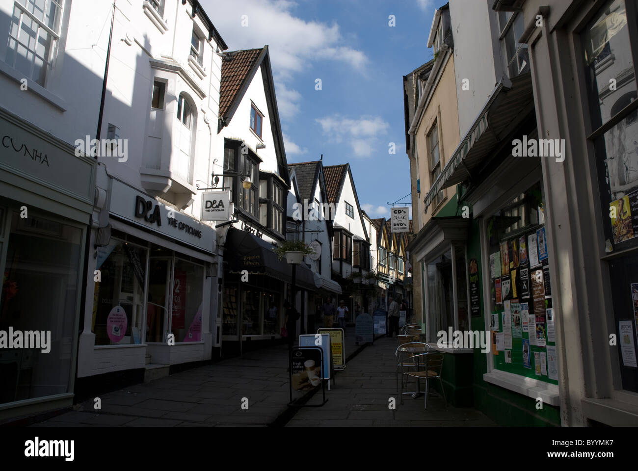 Rows of shops in pedestrianised shopping area Cheap Street Frome ...