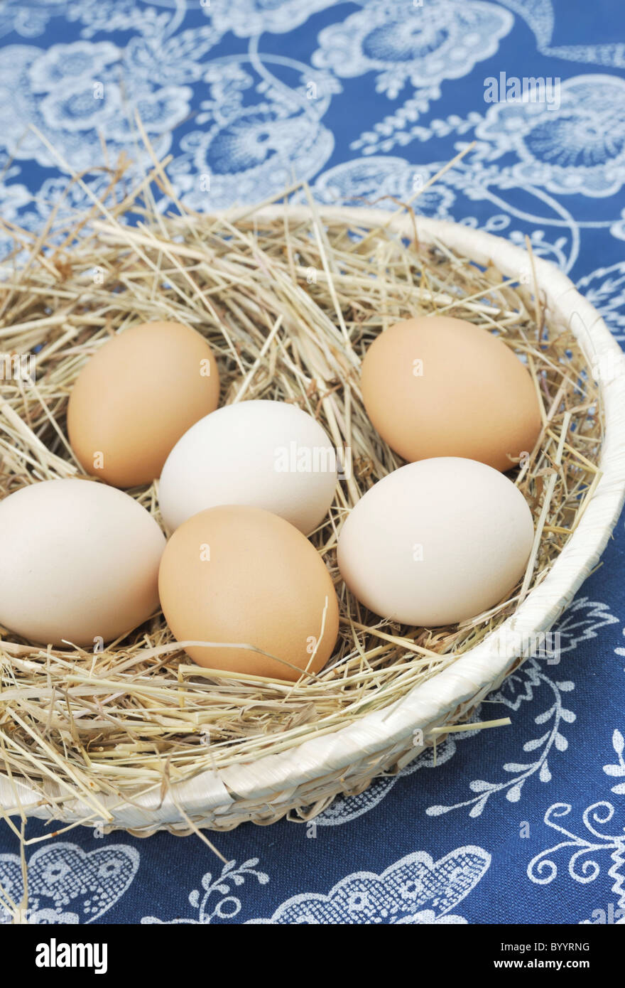 Fresh farm eggs in scuttle with hay - still life Stock Photo - Alamy