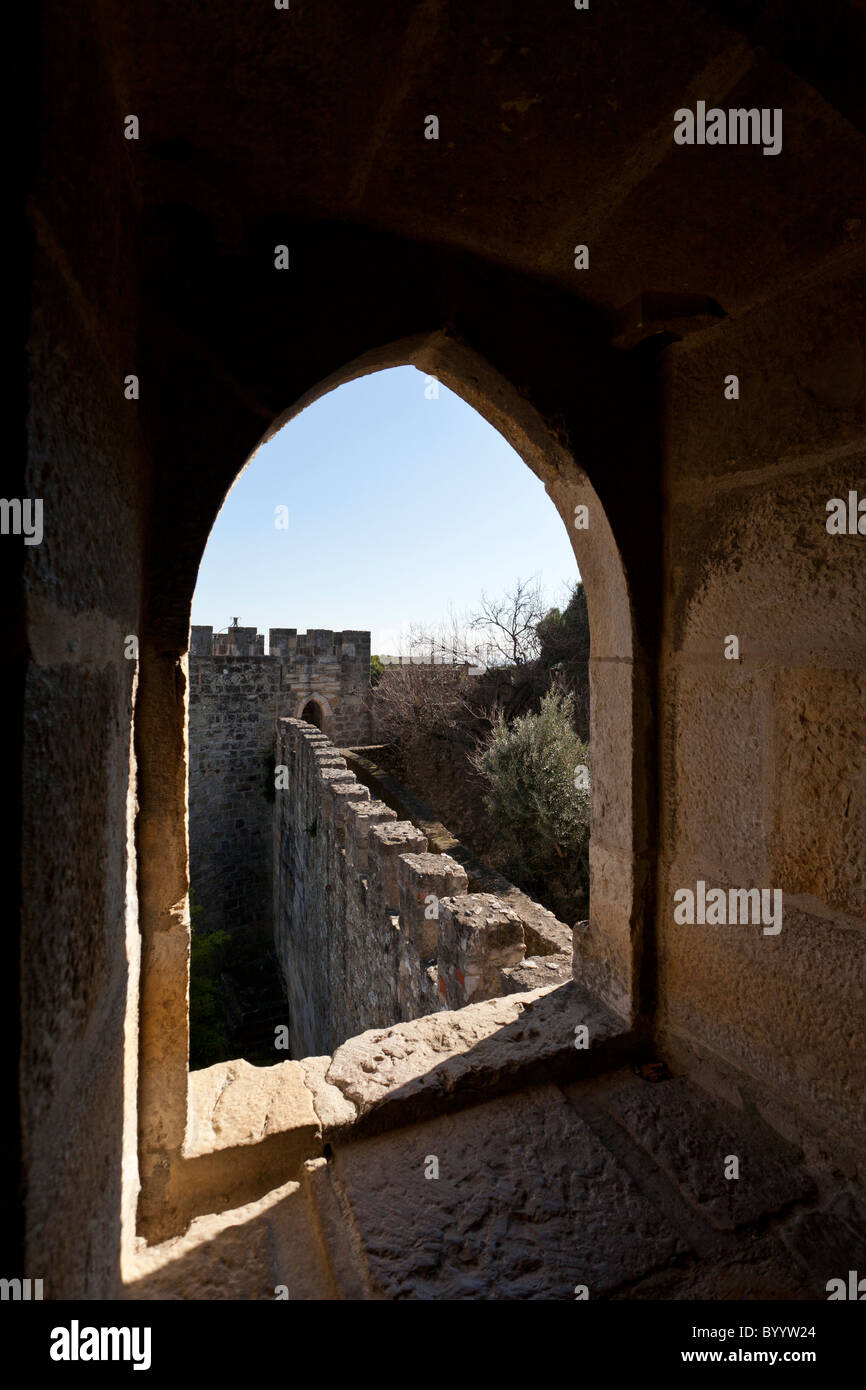 Gothic window of a watchtower of Sao Jorge (St. George) Castle in ...