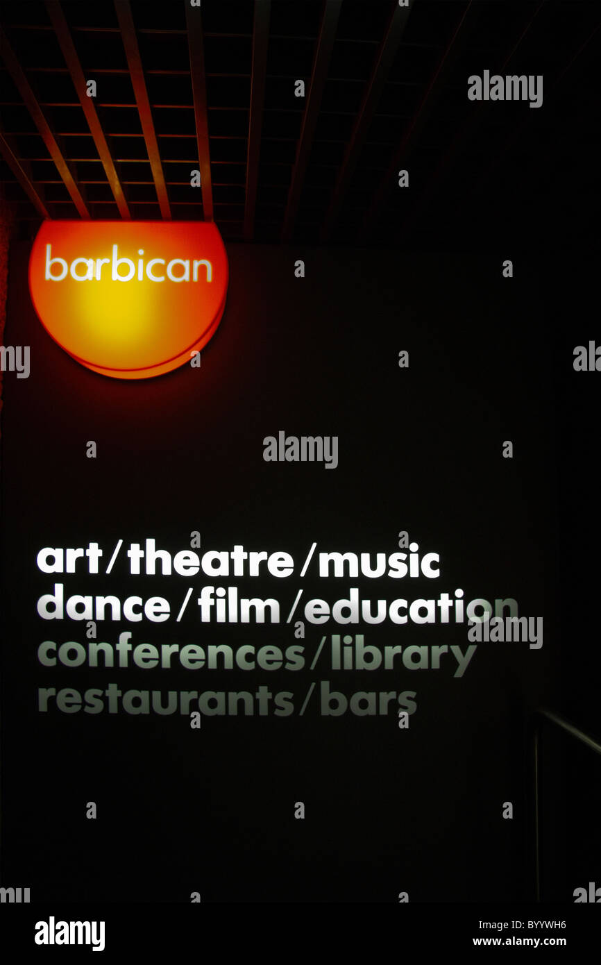 Information sign Barbican Centre arts complex, City of London England ...