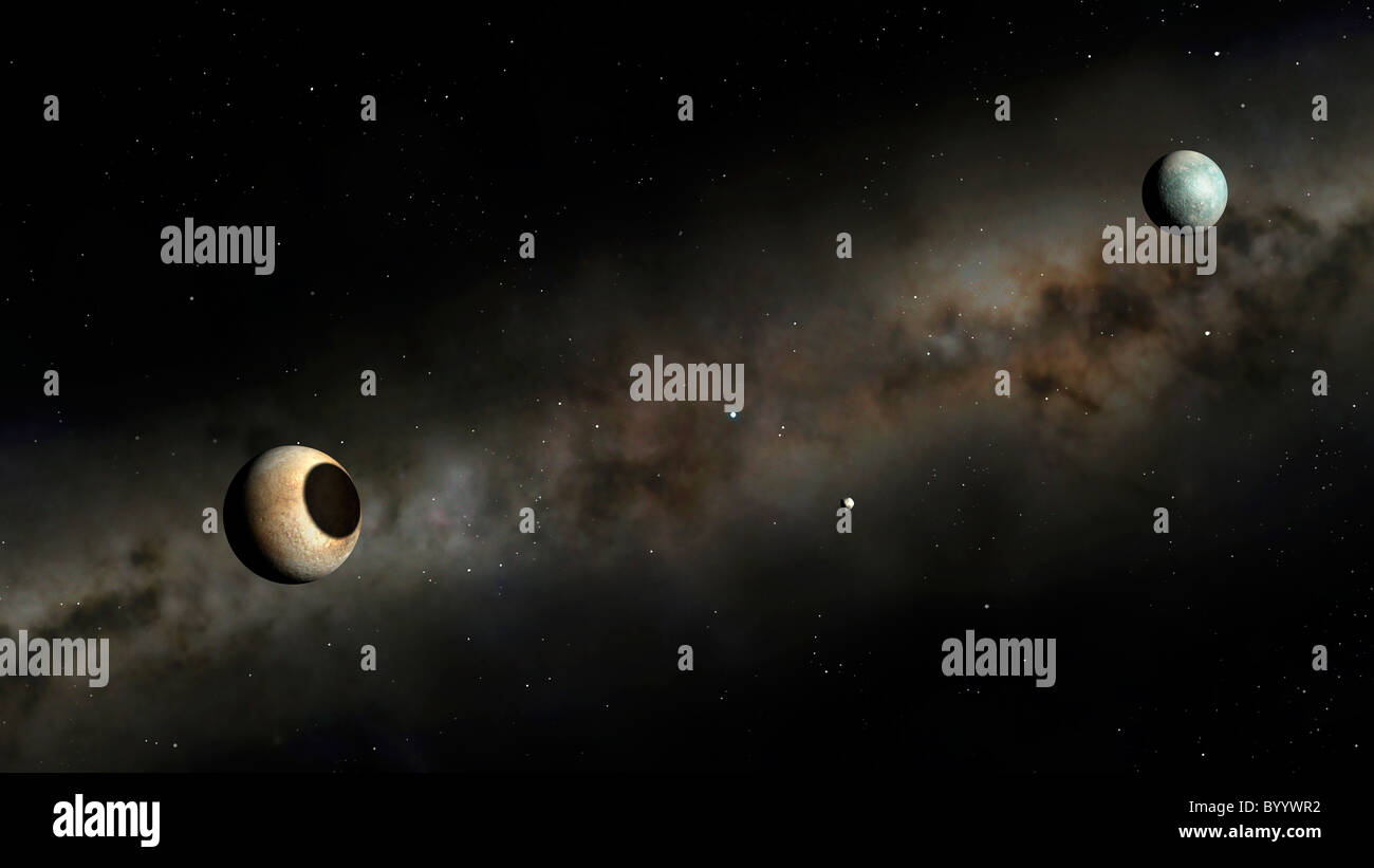 Artwork of the Pluto-Charon dwarf planet system, with Charon casting a ...