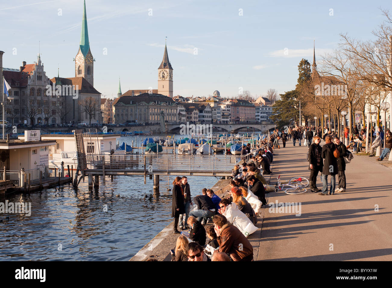 people enjoying weather, waterfront, Limmat River, Zürich, Switzerland ...